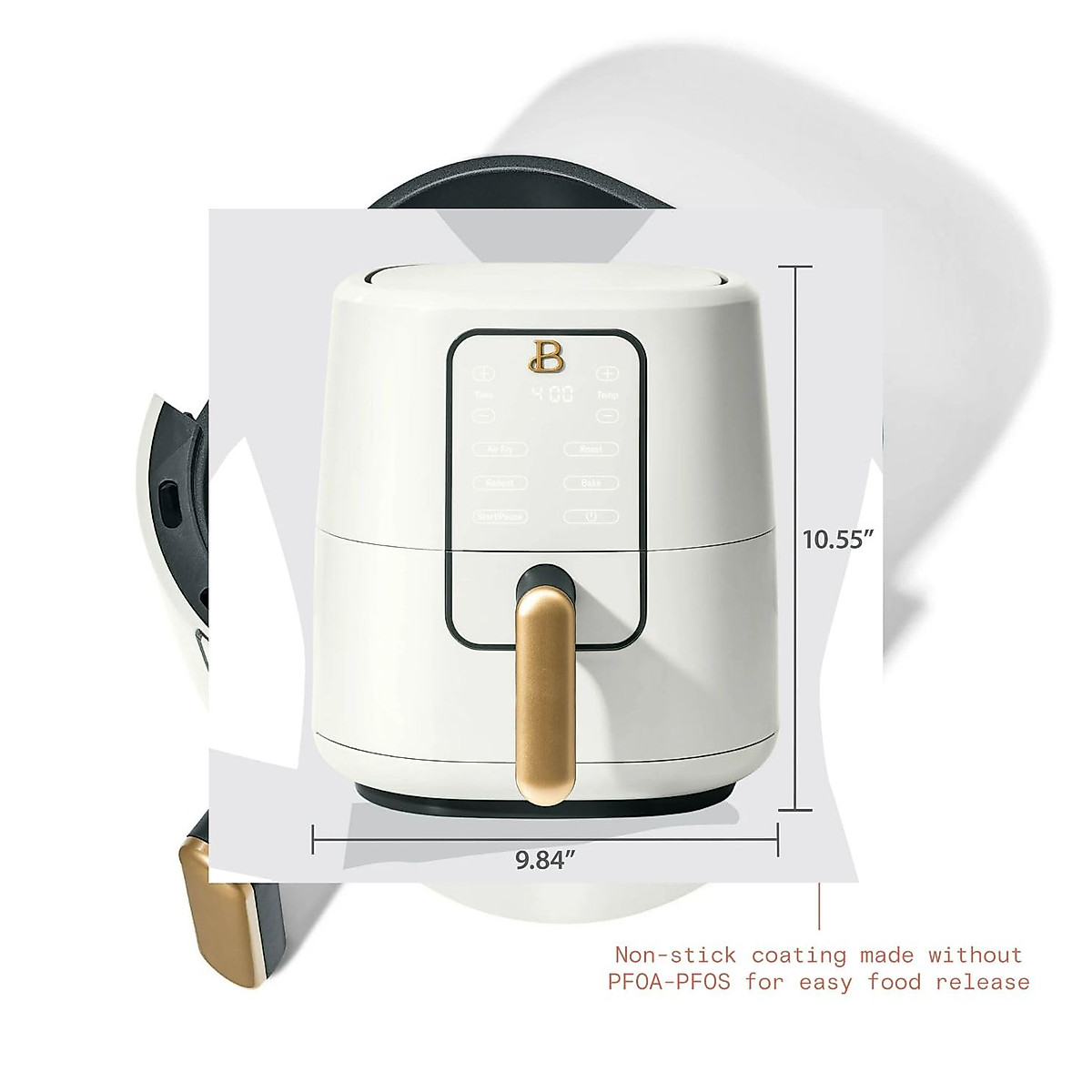 Beautiful Drew Barrymore 3-Quart Digital Air Fryer, TurboCrisp Technology, 4 Presets, 170°F-400°F, Non-Stick, Dishwasher Safe, 1200 Watt. (White Icing)