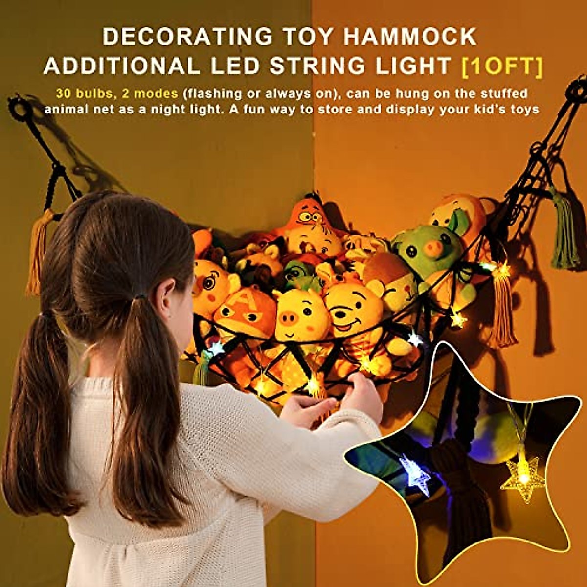 KanYool Stuffed Animal Net or Hammock, Boho Net Hammock for Stuffed Animals with Led Lights Wall Corner Storage Hanging Plush Toy Net with Tassels Teddy Bear Net Black