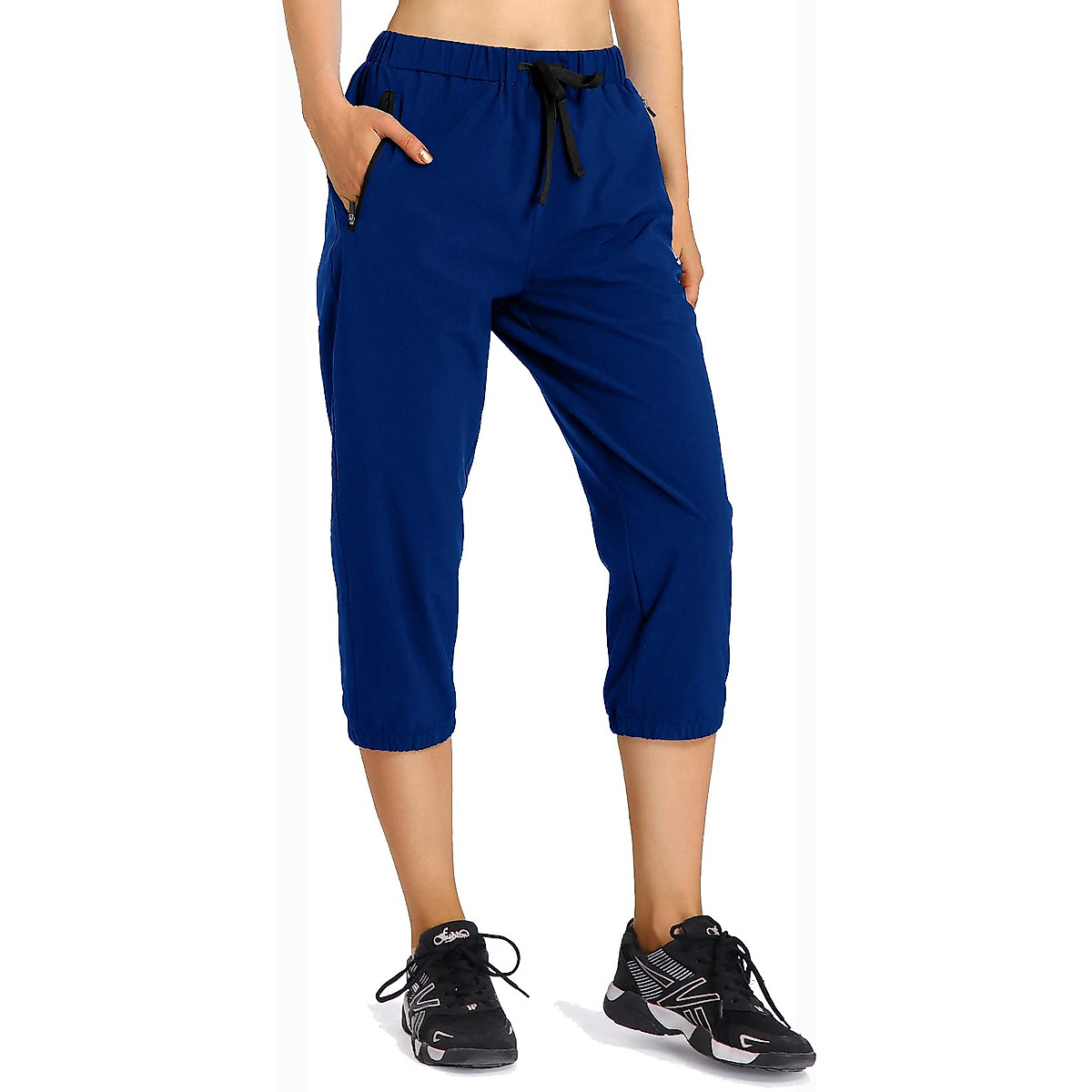 Womens Lightweight Jogger Capri Pants Quick Dry Workout Running Capris Sun Protection UPF 50+ Zipper Pockets Deep Blue