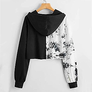 Hemlock Teen Girls Tie Dye Sweatshirts Long Sleeve Hood Pullovers Color Block Hoodies School Sport Blouse Fall Crop Tops Black