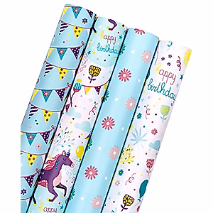 WRAPAHOLIC Birthday Wrapping Paper Roll - Unicorns and Celebration Banners Set for Party, Celebrating, Baby Shower Present Packing - 4 Rolls - 30 inch X 120 inch Per Roll