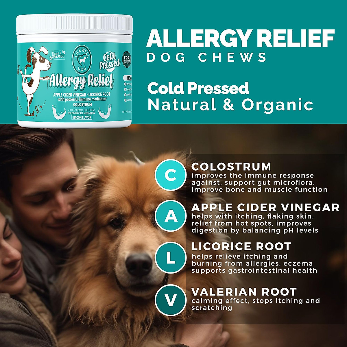 Live Well Dog Allergy Relief Soft Chews for Dogs - Anti Itch Supplement - Apple Cider Vinegar, Licorice Root, Valerian Root, and Colostrum - Soft Chews for Skin & Seasonal Allergies - 120 Count