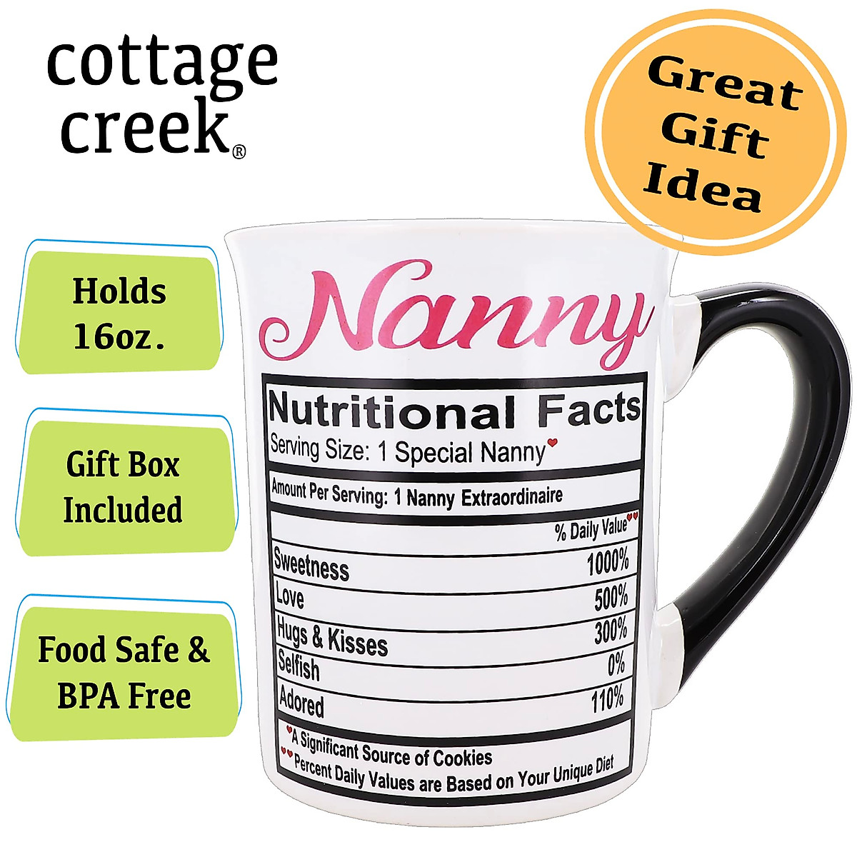 Cottage Creek Nanny Mug, 16oz. Ceramic Nanny Coffee Mug, Nanny Grandma Gifts