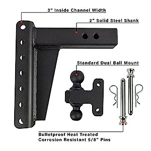 Bulletproof Hitches 2.0" Adjustable Heavy Duty (22,000lb Rating) 8" Drop/Rise Trailer Hitch with 2" and 2 5/16" Dual Ball (Black Textured Powder Coat, Solid Steel)