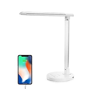 Consciot 12W LED Desk Lamp with USB Charging Port, 5 Lighting Modes 7 Brightness Levels, Dimmable and Adjustable, Touch-Sensitive Control, 30/60 min Auto Timer, White