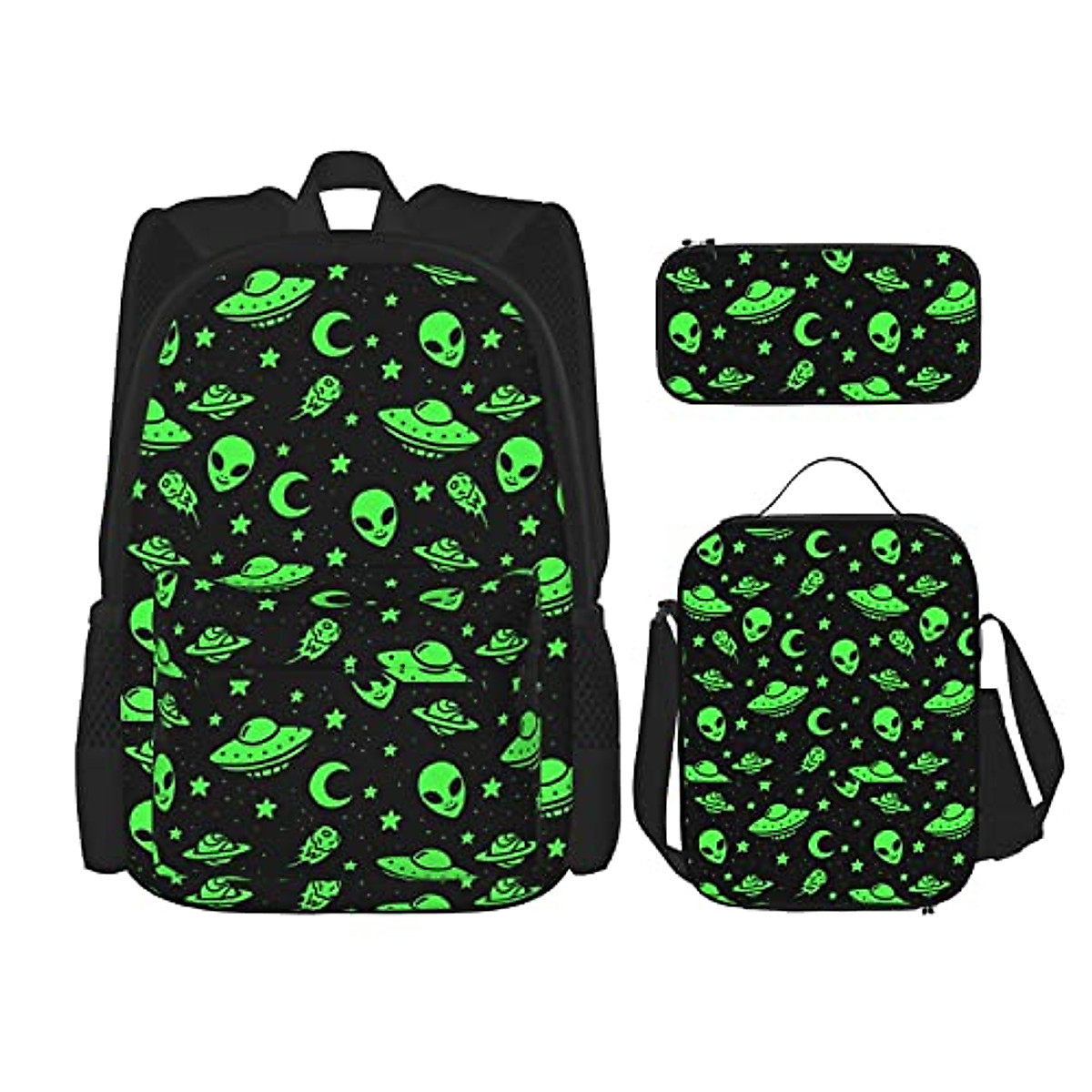 3 PCS Green Alien Ufo Moon Backpack Set With Lunch Bag Pencil Case,Funny Colorful School Book Bag For Girls Boys Teens