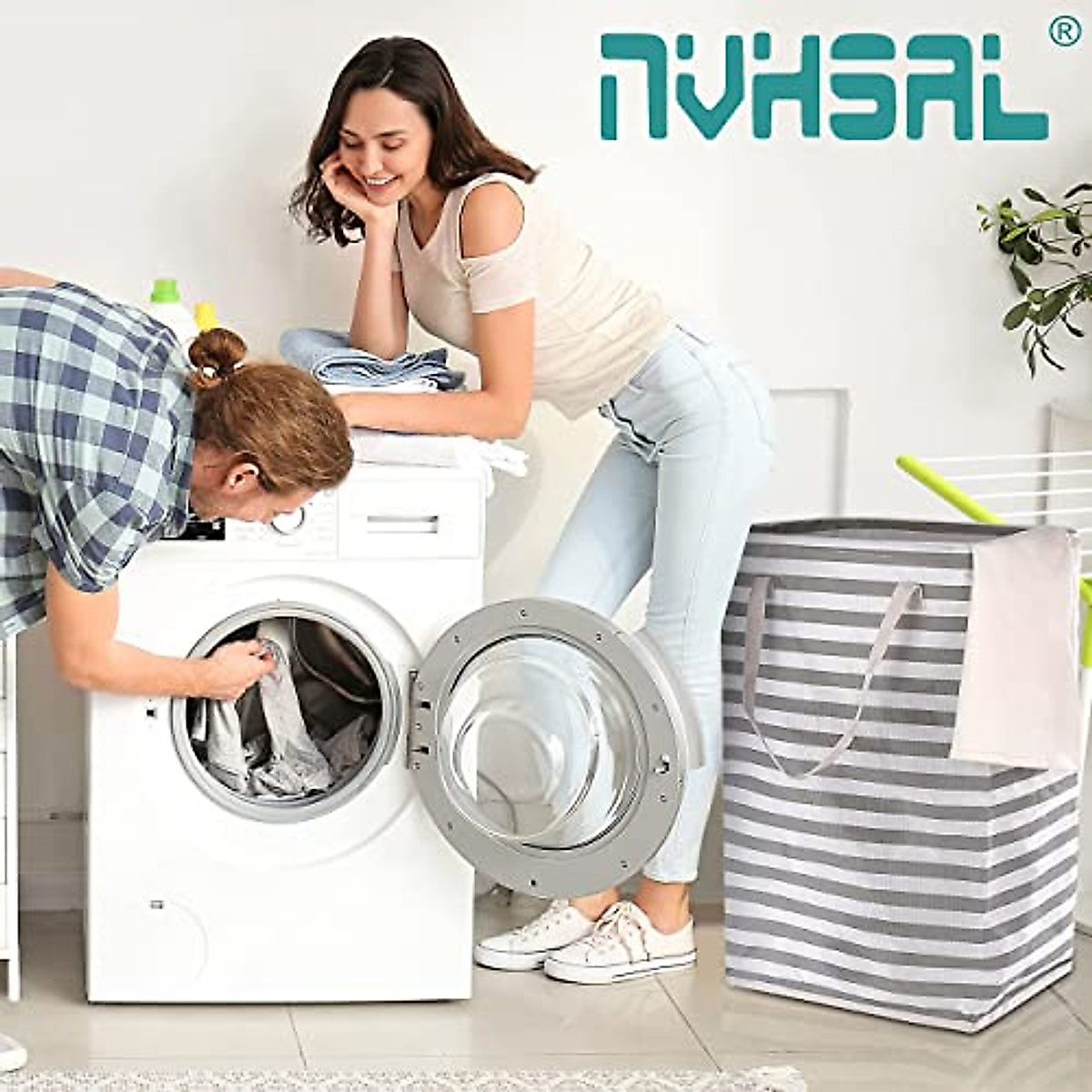 Collapsible Laundry Hamper with Handles, Large Laundry Basket 75L Freestanding Square Storage Bin Towels Toy Clothes Organizer Canvas Waterproof Laundry Baskets for Home Travel School (Grey White)