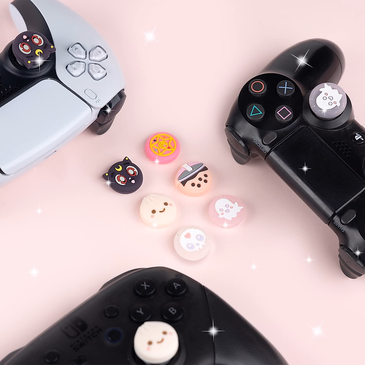 BelugaDesign Moon Anime Cat Thumb Grips | Luna Cute Pink Blue Joystick Button Caps | Compatible with Playstation PS5 PS4 Xbox Switch Pro Controllers