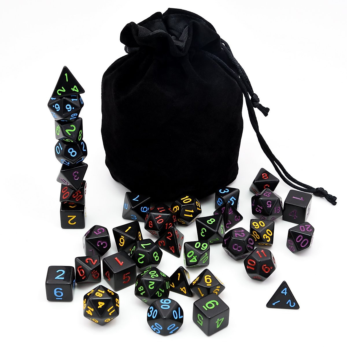 5 Sets New Black Polyhedral Dice with Satin-Lined Velvet Bag for Dungeons and Dragons DND RPG MTG D20 D12 D10 D8 D6 D4