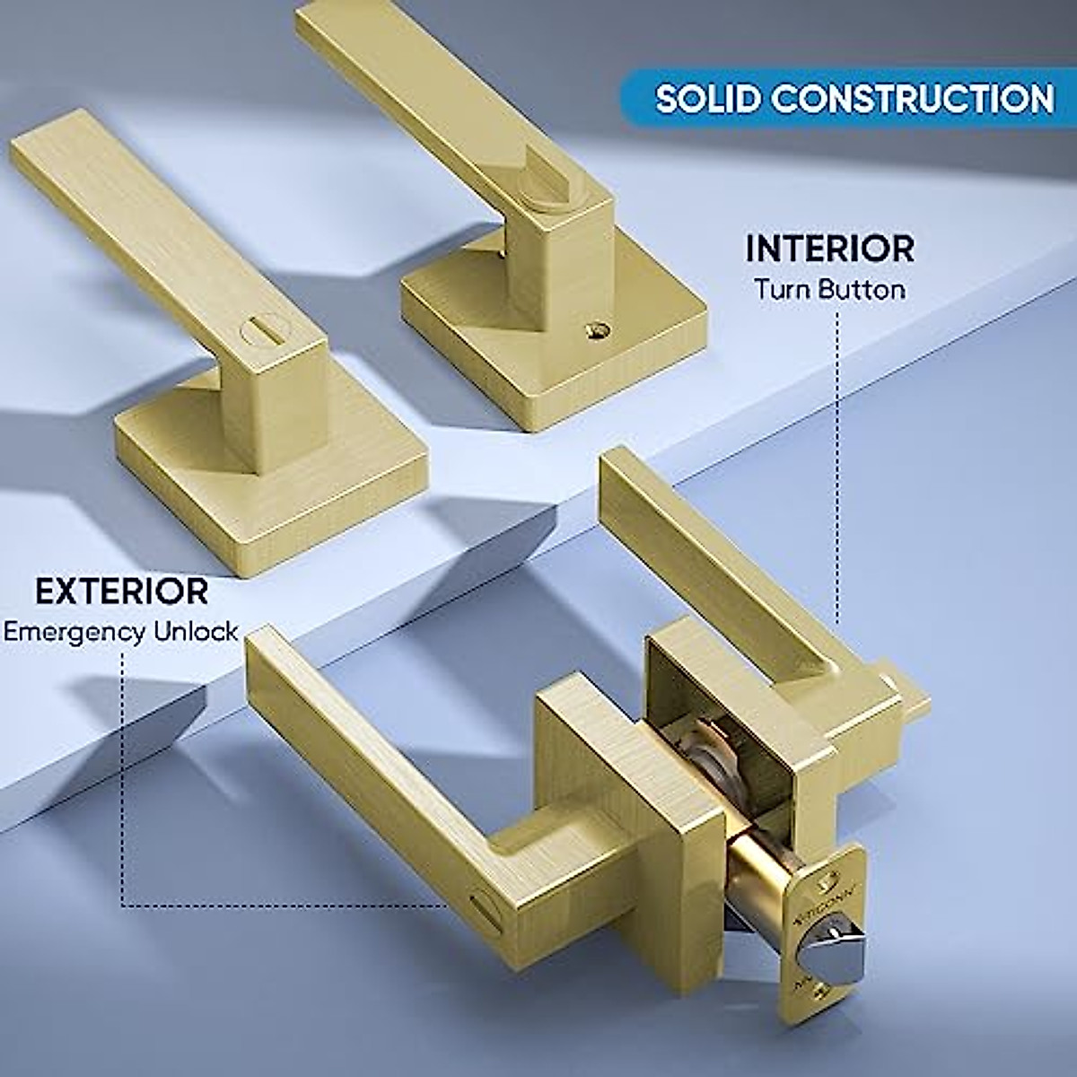 TICONN Door Handle Heavy Duty, Reversible Square Door Lever for Bedroom, Bathroom and Rooms (Satin Brass, Privacy)