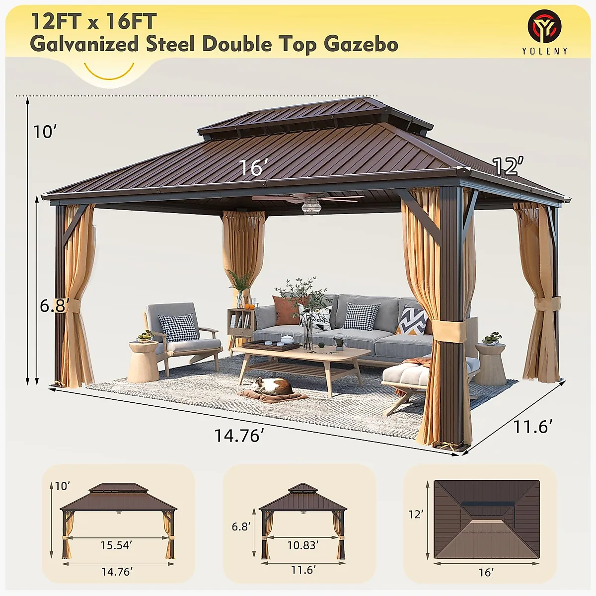 YOLENY 12' x 16' Gazebo, Hardtop Gazebo with Galvanized Steel Roof, Double Roof Gazebo with Aluminum Frame, Outdoor Gazebo with Curtains and Nettings, Sunshade for Gardens, Lawns, Deck
