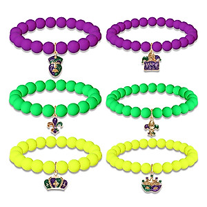NLCAC Mardi Gras Bracelets for Women Glitter Mask Crown Fleur De Lis Charm Bracelets Purple Green Gold Beaded Stretch Bracelets Carnival Holiday Accessory Party Gifts