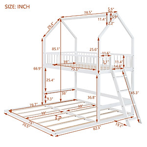 HABUHOME Twin Over Twin House Bunk Bed with Extending Trundle and Ladder, Wooden Bunk Bed Frame for Kids Teens Girls Boys - White