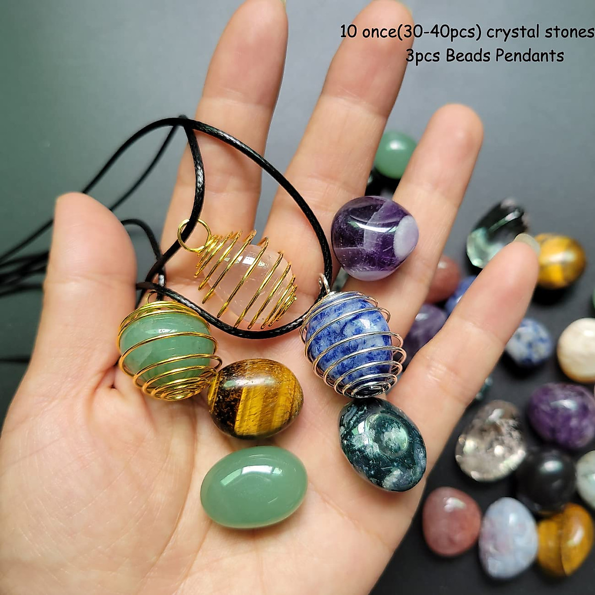 Rocktone 10once Gemstones Beads Tumbled Healing Stones Energy Crystals Pocket Stones Natural Polished Gemstones with 3 Sets Crystals Pendants for Wicca, Reiki, Jewelry Making 0.5''-1''