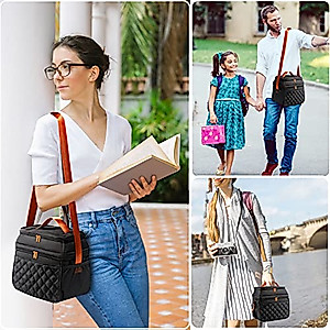 BAGSPRITE Lunch Bag for Women Men, Double Deck Lunch Box with Ice Pack, Insulated Lunch Bag Women for Work, Leakproof Cooler Tote Bags, Thermal Kids Lunch Box for School, Black