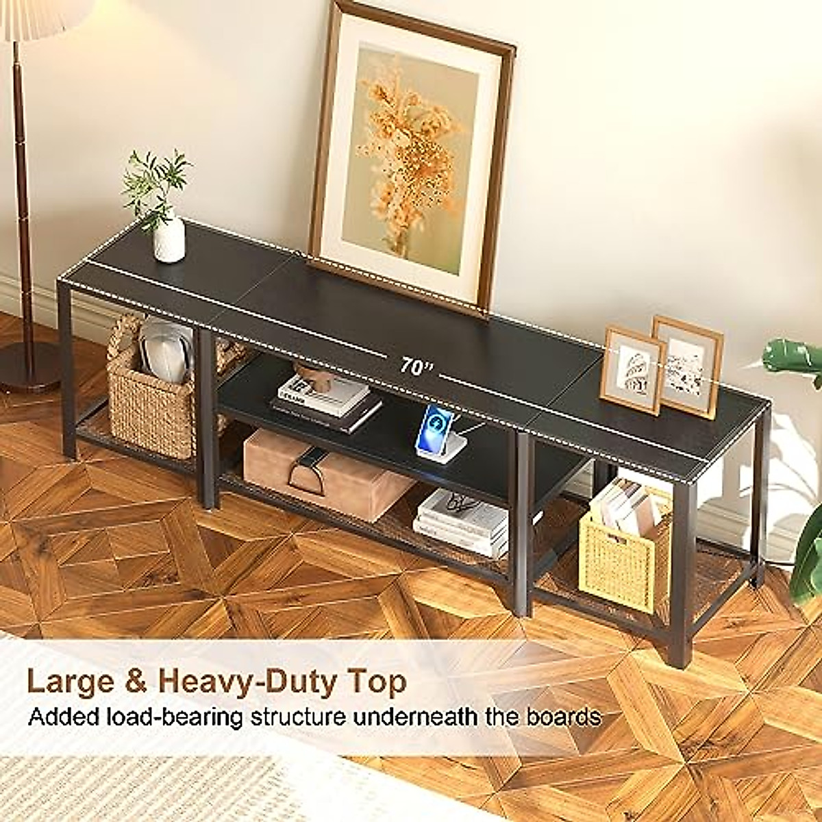 Tantmis Industrial TV Stand with Power Outlet for 55/65/70/75 inch TVs, 3-Tier Entertainment Center, TV Console Table with Open Storage Shelves, Wood TV Stand for Living Room, Bedroom, Black