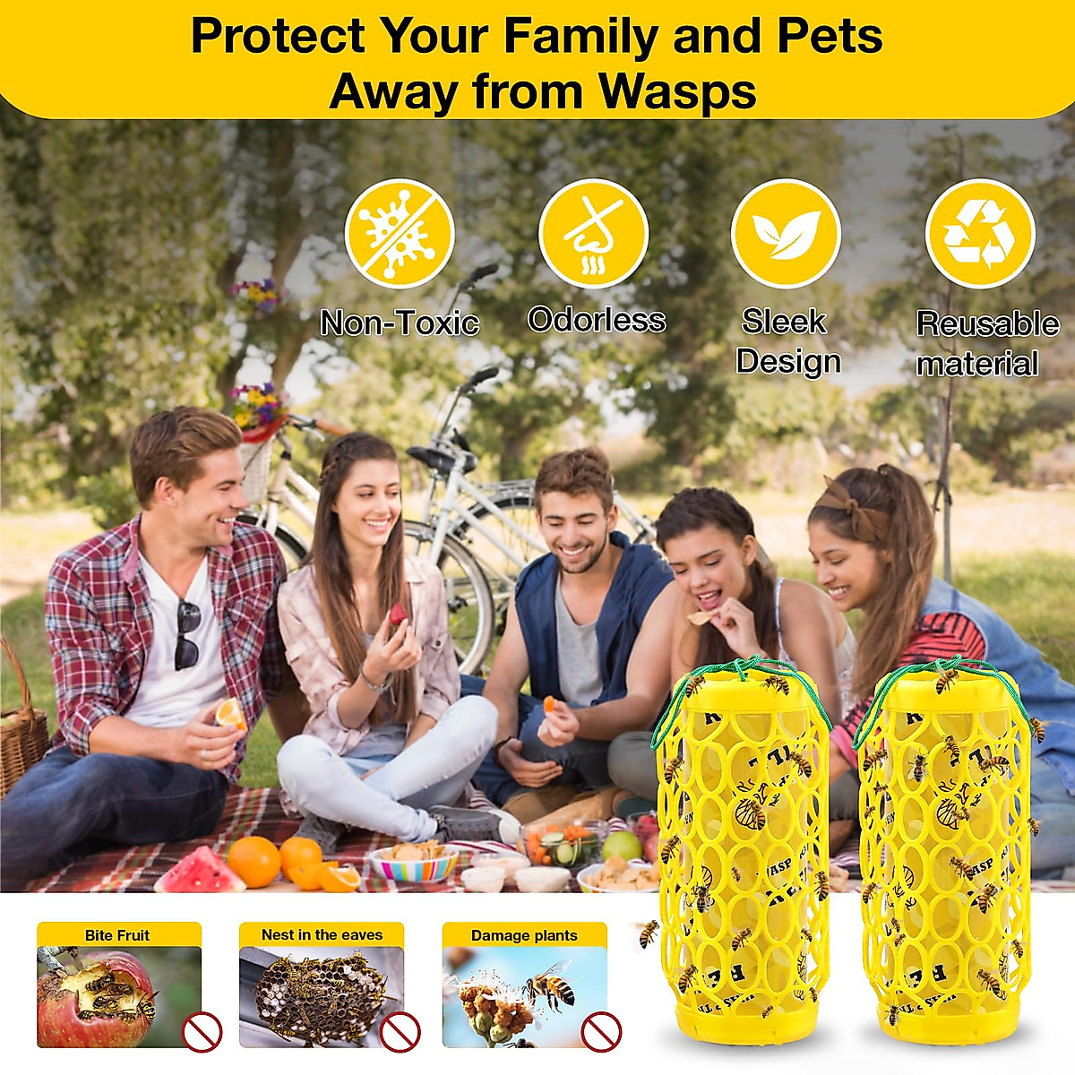 KILSACO Wasp Traps Outdoor 2Pcs with 8 Pcs Sticky, Hornet Trap Catcher, Non-Toxic Reusable Yellow Jacket Trap, Carpenter Bee Traps for Outside, Fly Traps Outdoor Hanging, Wasp Repellent Deterrent