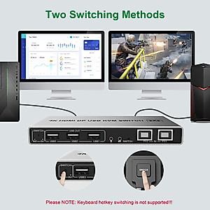 Dual Monitor DisplayPort HDMI KVM Switch 4K@60Hz 2-Port Extended Display 2 in 2 Out KVM Switch 2 Monitors 2 Computers Displayport and HDMI, with 3xUSB, Audio Port, Included 2xUSB Cables, Controller