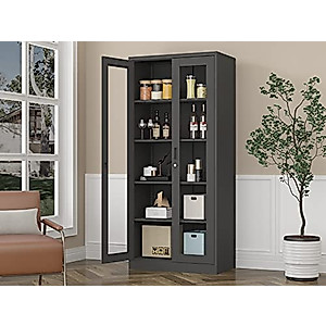 AFAIF 71" Curio Cabinet Glass Display Cabinet with 4 Adjustable Shelves, Tall Bookshelf Bookcase with Glass Doors, Lockable Metal Storage Cabinet Modern Liquor Cabinet for Home Office Pantry Bathroom