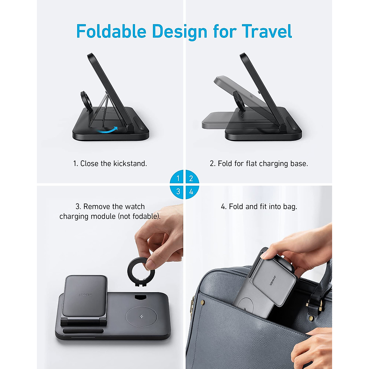 Anker Wireless Charger Stand, Foldable 3-in-1 Stand with Adapter, for iPhone 13, AirPods, Apple Watch (Works with Original USB-A Cable, Not Included)
