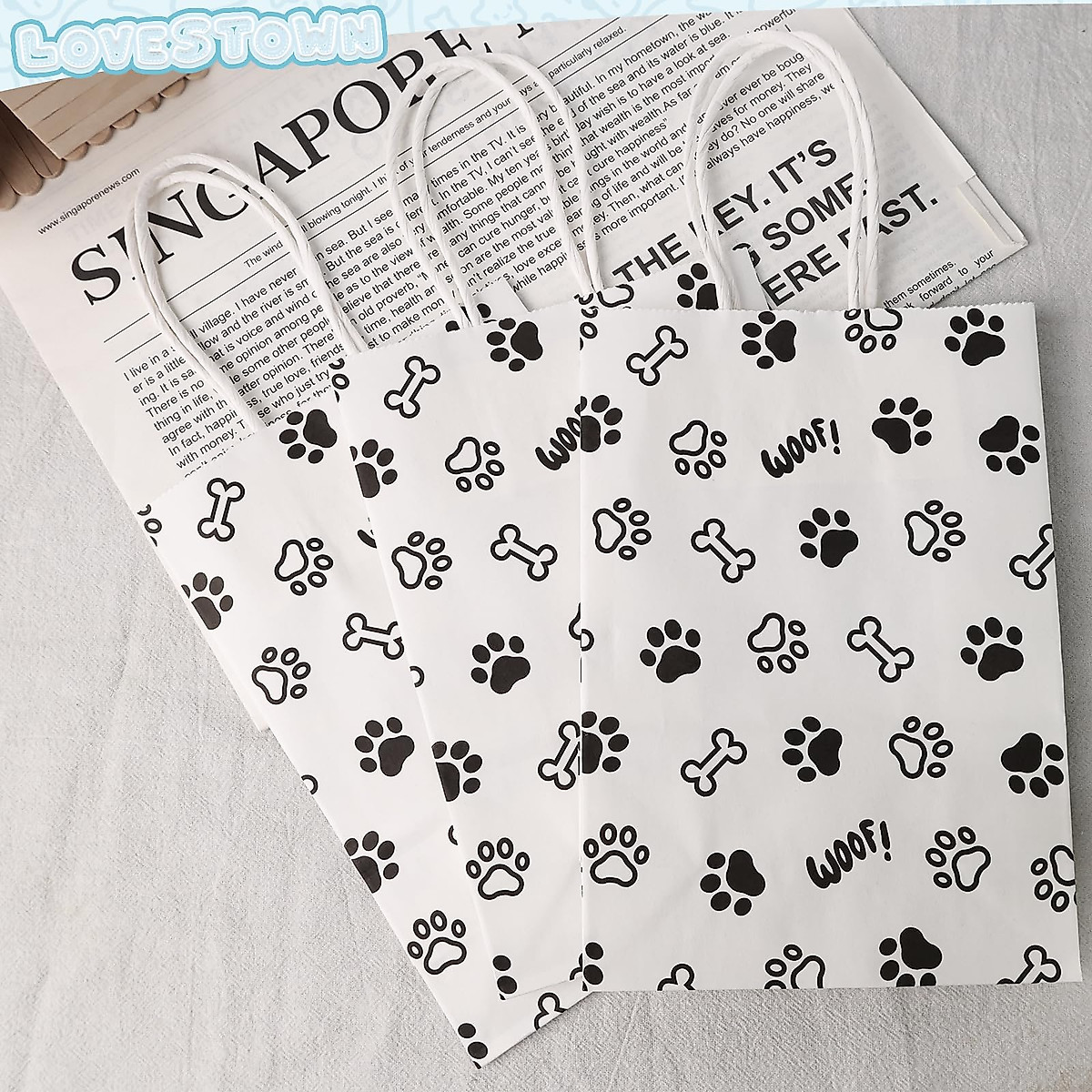 LovesTown 16PCS Gift Bags, Paper Retail Grocery Bags Dog Paw Print Goodie Bags with Paper Twist Handles for Party Gifts Birthday 5.5 x 2.8 x 7.9 inch
