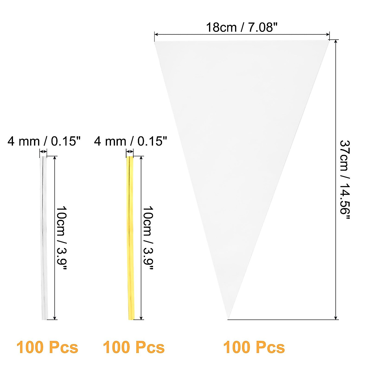 uxcell 200 Pcs Cone Cello Bags, Clear Flat Plastic Cello Treat Bags with Gold/Silver Twist Ties Candy Bags Cookie Bags for Christmas Snacks Candy Cookie Sweet