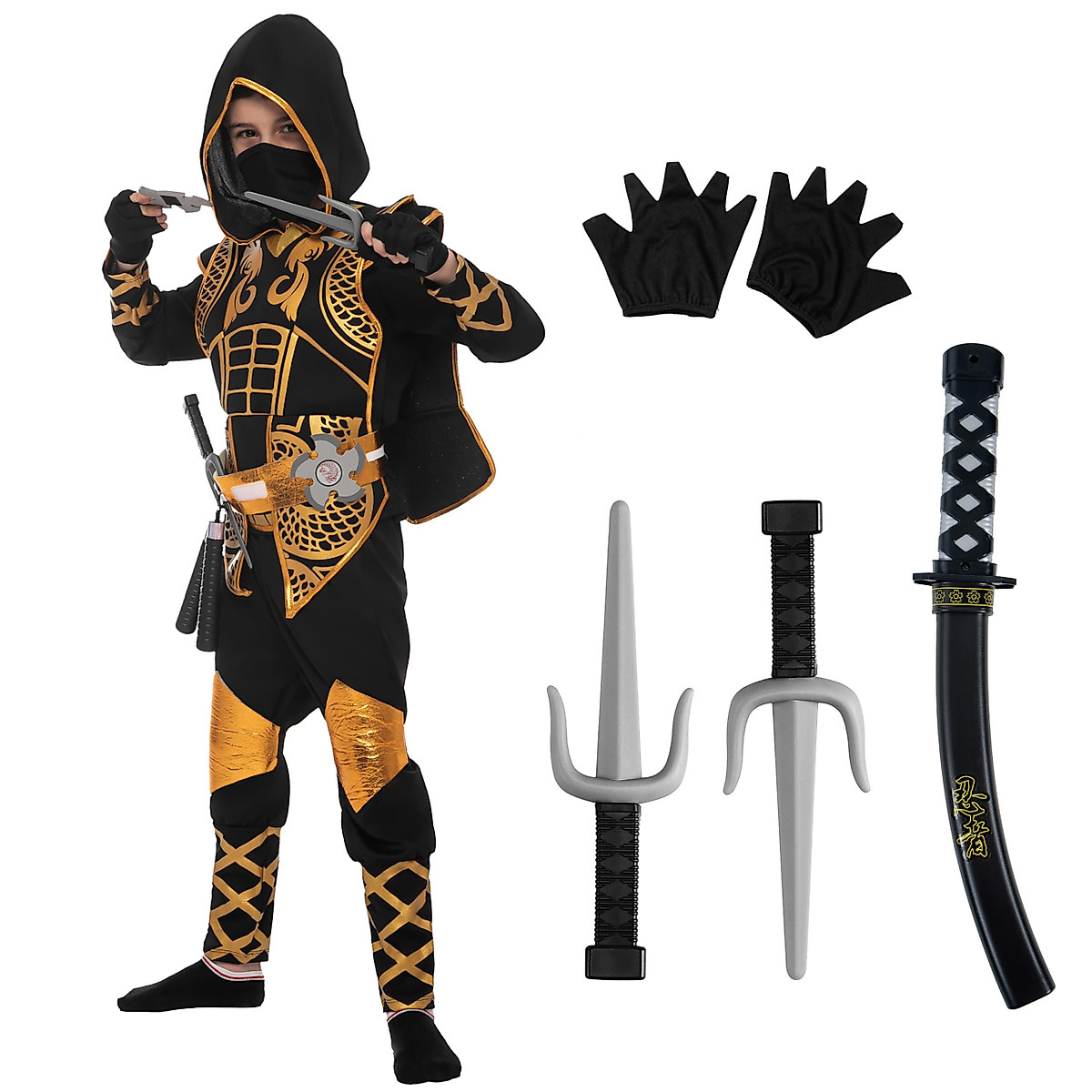Spooktacular Creations Golden Ninja Costume Set, Ninja Jumpsuit with Foam Accessories for Kids, Toddler Halloween Outfit for Ideas Cosplay Party (X-Large, 12-14 yrs)