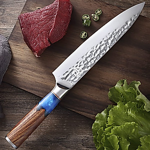 ZENG JIA DAO Chef Knife 8" - Professional Kitchen Knife - Razor Sharp Chefs Knife with Hammer Finish, Ergonomic Pakkawood Blue Resin Handle 2023 Gift