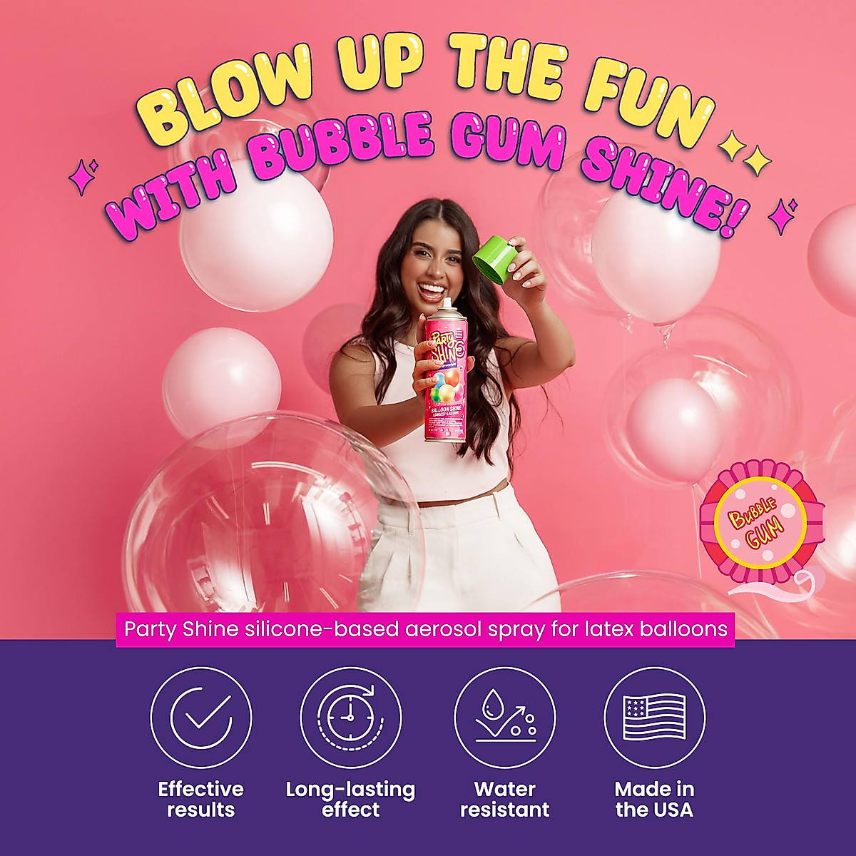 Party Shine Bubble Gum Balloon Shine Spray, Silicone Spray for Latex Balloons, Sweet Bubble Gum Scent, Waterproof, Non-Slip Formula, Balloon Spray Shine Perfect for Party Decorations, 13oz (1 Pack)