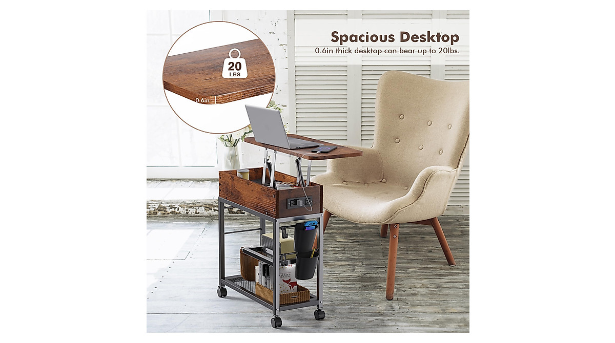 Colima Lift Top End Table with Charging Station and Wheels, Sofa Side Table with USB Port & AC ...