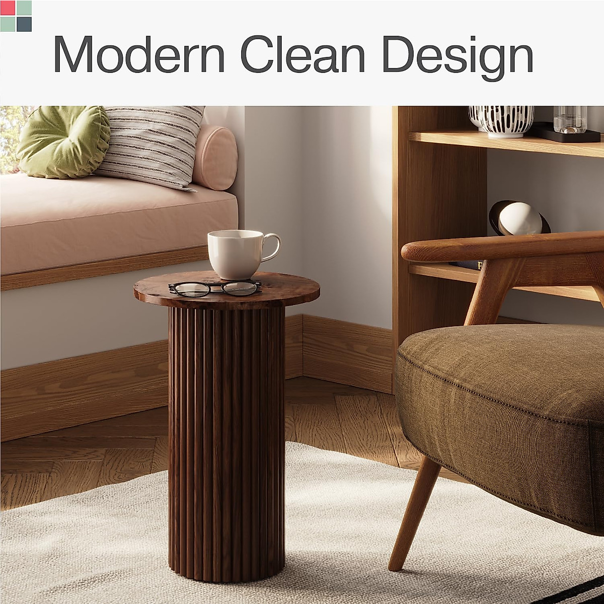 Round Fluted Accent Side Table - Small Drink Table - Living Room Furniture - Modern Home and Bedroom Decor - Pedestal Side Table with a Solid Oak Base (Burl Walnut Finish)