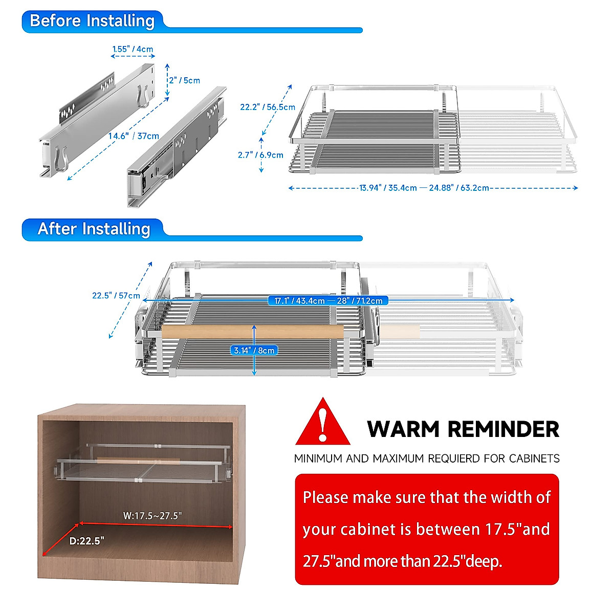 2Pack Pull Out Cabinet Organizer, 17.1~28"W x 22.5"D Expandable Pull Out Shelves for Kitchen Cabinets, Heavy Duty Slide Out Pantry Shelves Sliding Shelf for Home Kitchen,Under Sink,Bathroom,Wardrobe