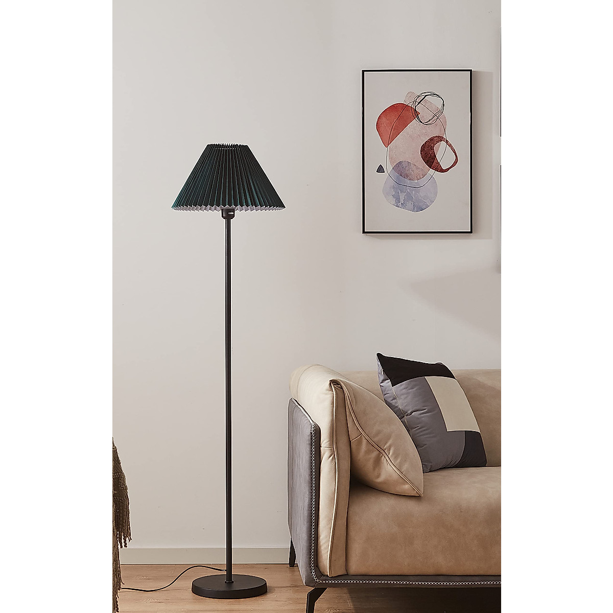 Black Pole Floor Lamp Simple Design Tall Lamp with Dark Green Shade Standing Lamp with LED Bulb for Living Room and Bed Room