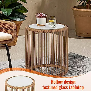 3-Piece Outdoor PE Rattan Bistro Furniture Set Patio Rattan Conversation Set Patio Furniture Set Glass Coffee Table Top and 2 Chairs with Cushions Lumbar Pillows for Yard Garden Porch Bistro, White