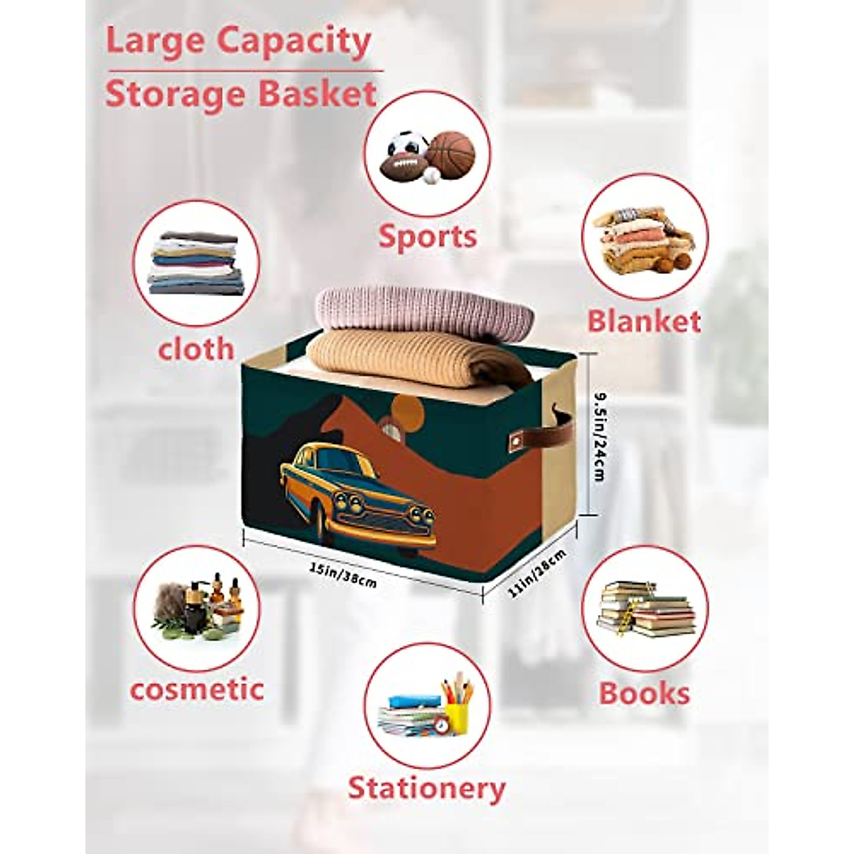 Storage Basket Boho Driving Car and Mountain Storage Bin with Handles,Abstract Geometry Arch Sun Collapsible Organizer Storage Cubes Bins for Closet,Laundry Clothes,Bathroom,Nursery Toys