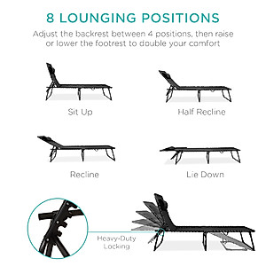 Best Choice Products Patio Chaise Lounge Chair, Outdoor Portable Folding in-Pool Recliner for Lawn, Backyard, Beach w/ 8 Adjustable Positions, Carrying Handles, 300lb Weight Capacity - Black