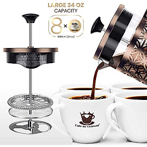 CKductpro French Press Coffee Maker, Coffee Presses 2 In 1 Travel Coffee & Tea Pot 1000ML,3 layers of filter element + 2 layers of spare filter element,with cleaning brush,Two-way water outlet,gold