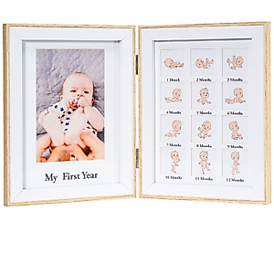 EXCELLO GLOBAL PRODUCTS Baby’s First Year Folding Picture Frame, Natural Wood Finish, Holds 1 4x6 Baby Photo, 12 Monthly Photos
