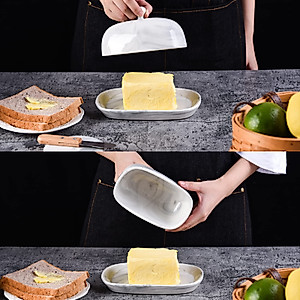 Yundu Grey Marble Butter Dish with Lid, Ceramics Butter Keeper Container, Perfect for East/West Butter