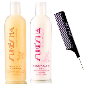 Sukesha Extra Body Hair Wash Shampoo & Conditioning Rinse Conditioner DUO Set (w/Sleek Comb) Gentle Volumizing Formula, Light Detangling, 100% Vegan (12 oz + 12 oz DUO KIT)