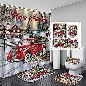Jlong 4 Pcs Christmas Shower Curtain Sets with with Non-Slip Rugs, Toilet Lid Cover and Bath Mat, Vintage Truck Xmas Tree Winter Snowman Farmhouse Waterproof Bathroom Curtain Set with 12 Hooks