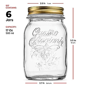 Bormioli Rocco Quattro Stagioni Set of 6 Clear Airtight Mason Jars, 17 Oz. Made from Food Safe Durable Glass, Made in Italy.
