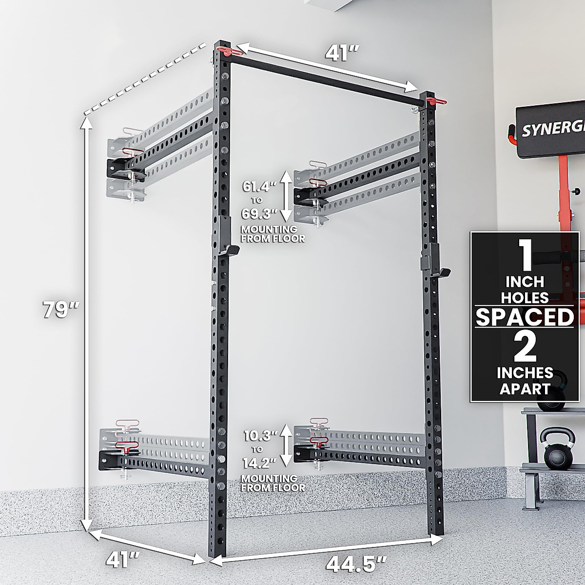 Synergee 2200 Series Folding 79" by 41” Squat Rack with J-Cups & Adjustable Pull Up Bar. Exercise Stand with 750lb Capacity. Power Cage