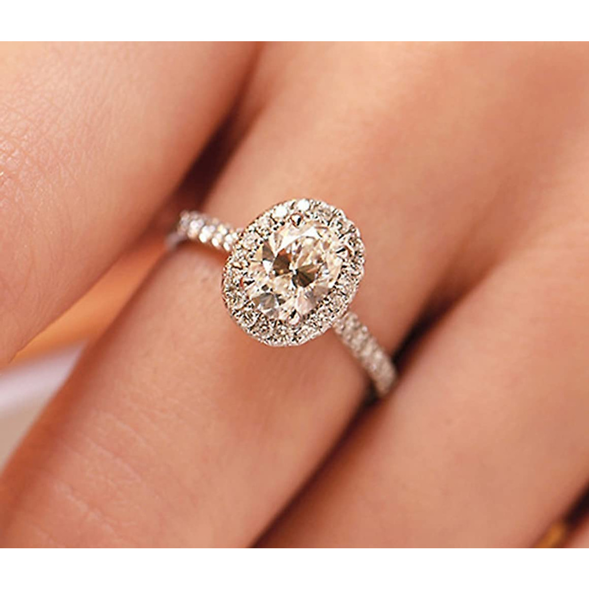 WDIYIEETN White Oval Cut Petite Halo Simulated Diamond Cubic Zirconia CZ Engagement Ring Stunning Solitaire Crystal Wedding Ring for Women (7)