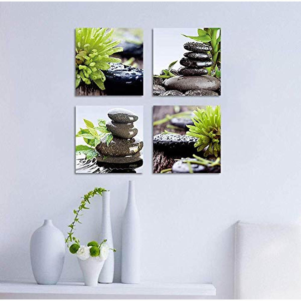 Zen Bathroom Decor Meditation Canvas Wall Art, Water Stone and Green Plants Pictures for Yoga Spa and Office Calming, Relaxing Wall Art for Office Bedroom Living Room (12x12in, 4 Panels)