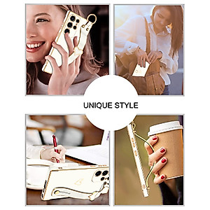 BENTOBEN for Galaxy S23 Ultra Case with Adjustable Wristband Kickstand Loop, Cute Heart Luxury Plating Bumper, Raised Corner Shockproof Women Girls Phone Cover for Samsung Galaxy S23 Ultra 6.8", White