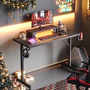Bestier Small Gaming Desk with Monitor Stand, 42 inch LED Computer Desk, Gamer Workstation with Cup Holder & Headset Hooks, Modern Simple Style Desk for Home Office, Carbon Fiber Black