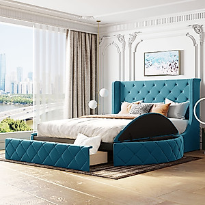 HomSof Upholstered Platform Bed Queen Size Storage Blue Velvet Bed with Wingback Headboard, 1 Big Drawer and 2 Side Storage Stool