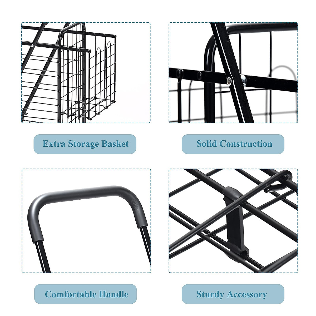IRONMAX Grocery Shopping Cart, Foldable Heavy Duty Utility Cart w/Adjustable Handle, Extra Basket & 360° Rolling Swivel Wheels, Lightweight Trolley Cart for Grocery Laundry Luggage (Black)
