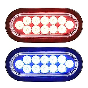 Partsam 2Pcs 6.7 Inch Oval Red Stop Turn Tail Lights and Blue Auxiliary Lights Kit 12 Diodes w/Rubber Grommets & 3-Prong Wire Pigtails Red/Blue Oval Led Truck Trailer Tail Lights and Auxiliary Lights